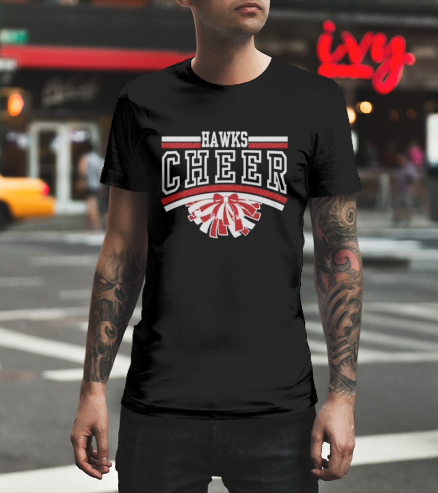 Hutchinson Hawks Cheer Maroon Glitter Bow Pom Pom T-Shirt