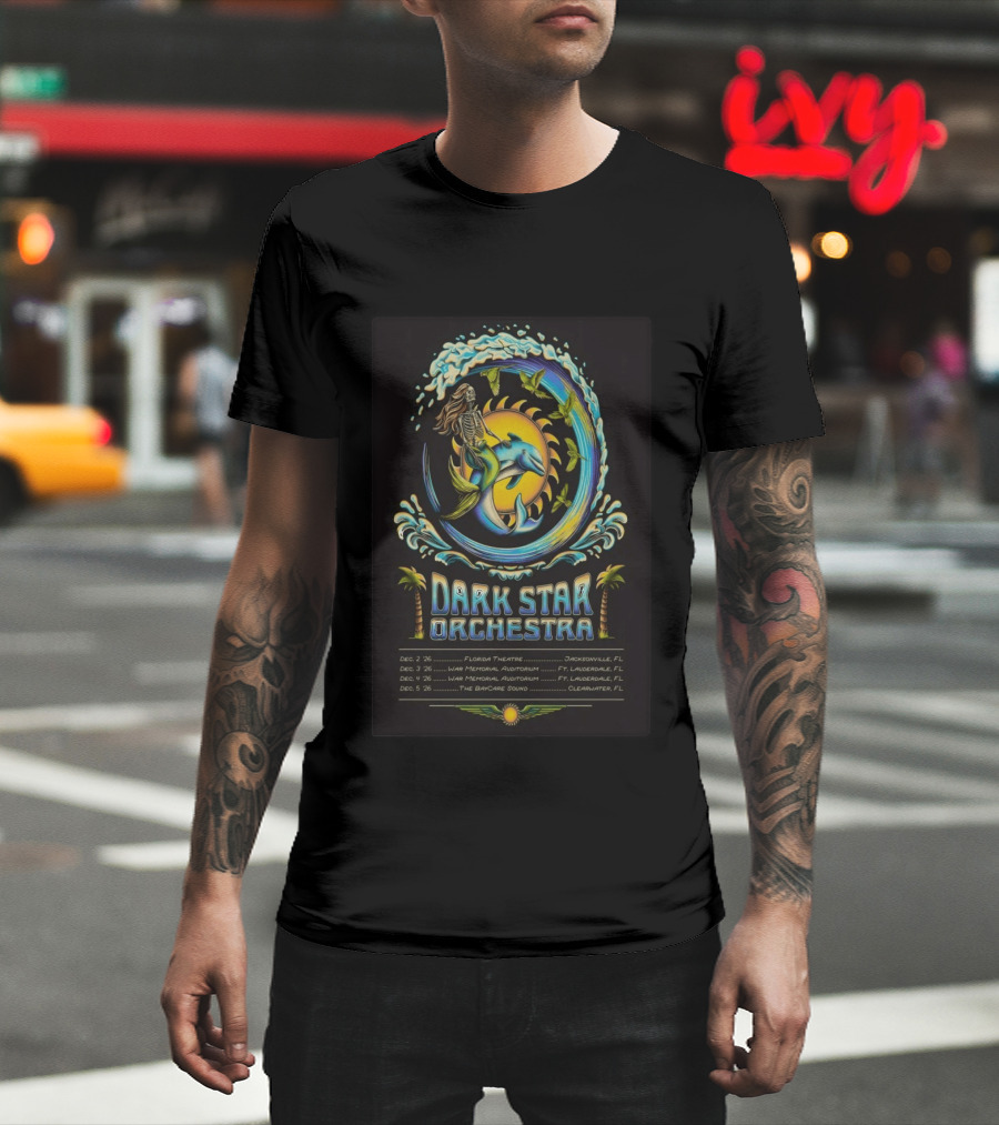 Dark Star Orchestra 2026 Florida Tour Dolphin Skeleton Wave Art And Dates T-Shirt