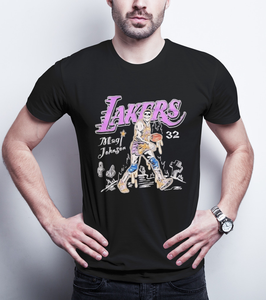 Lakers Magic Johnson 32 Skull Basketball Dribbling T-Shirt