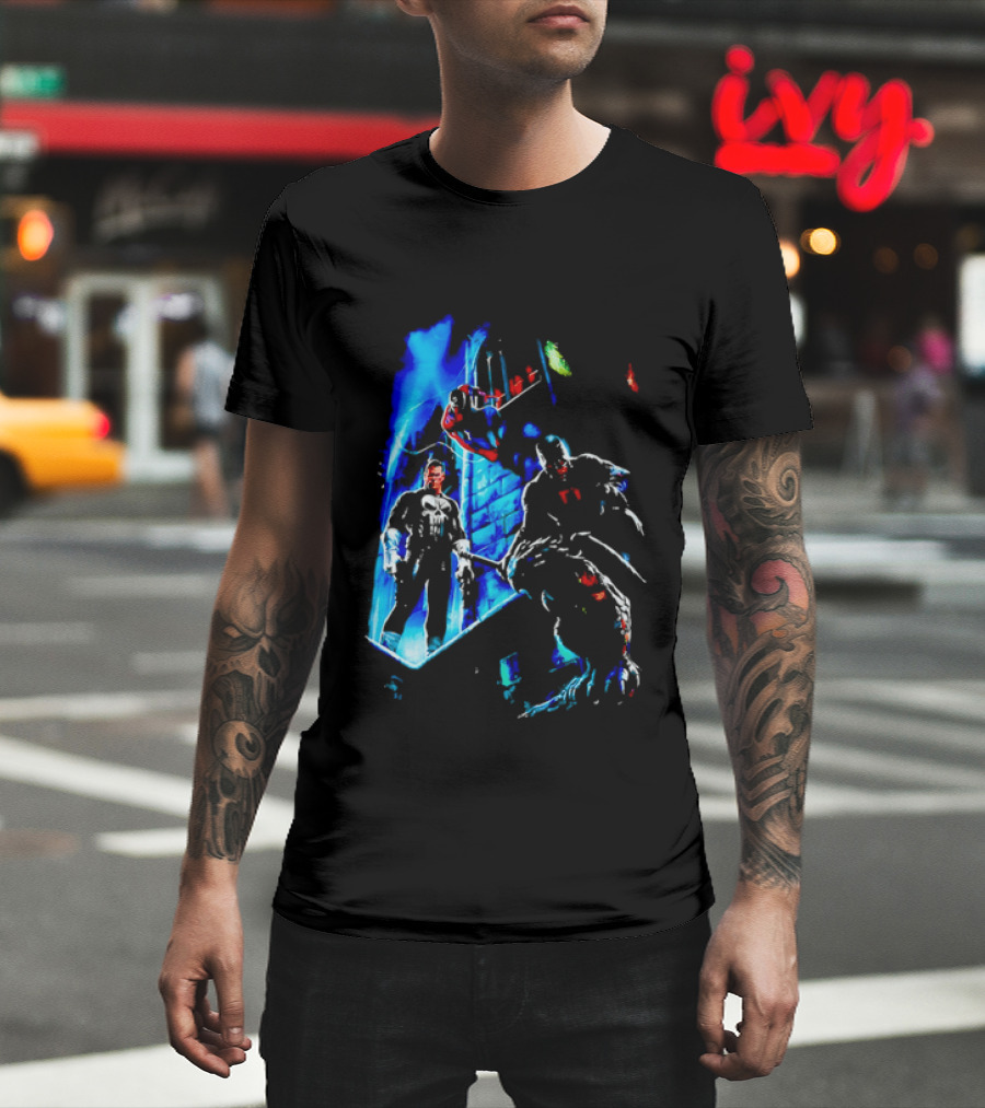Marvel Comics Vigilante Action The Punisher Spider Man Daredevil Urban Battle Scene T-Shirt