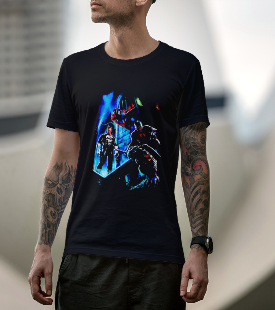 Marvel Comics Vigilante Action The Punisher Spider Man Daredevil Urban Battle Scene T-Shirt
