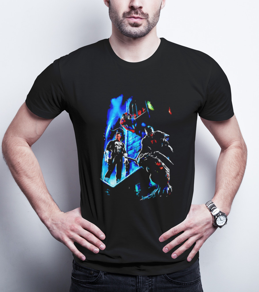 Marvel Comics Vigilante Action The Punisher Spider Man Daredevil Urban Battle Scene T-Shirt