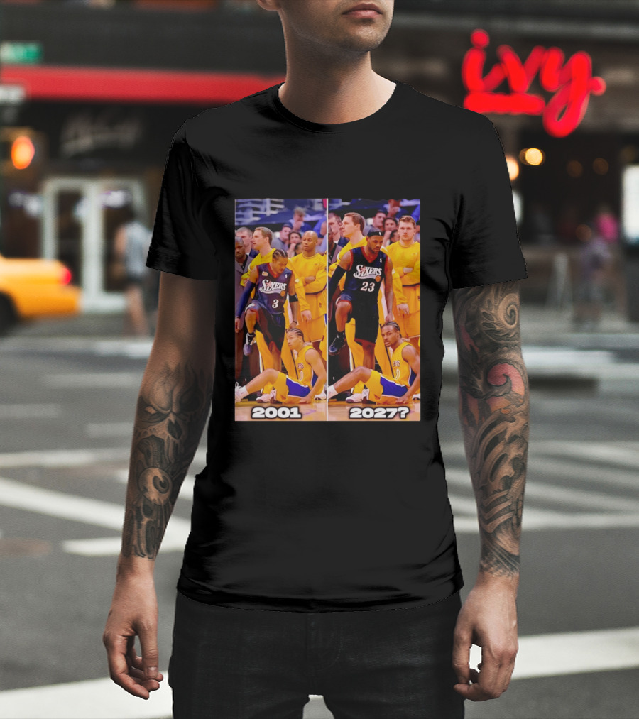 2001 2027 Iverson LeBron Sixers Lakers Step Over Comparison T-Shirt