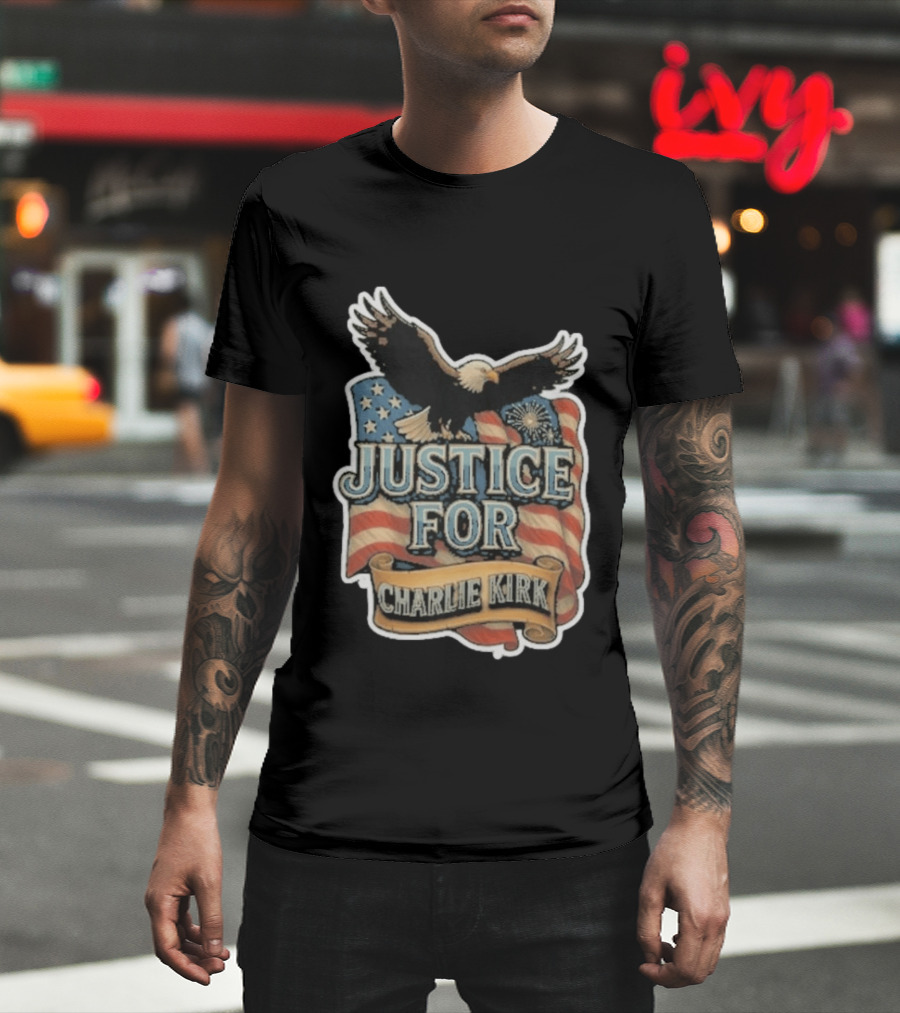 Justice For Charlie Kirk Bald Eagle American Flag Banner T-Shirt