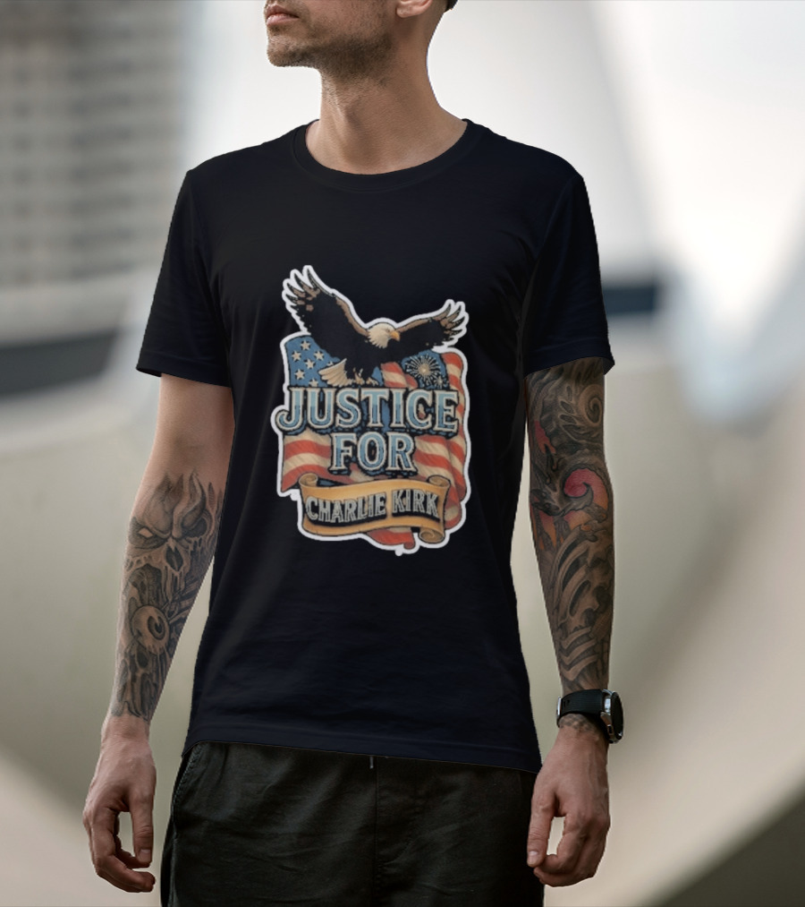 Justice For Charlie Kirk Bald Eagle American Flag Banner T-Shirt