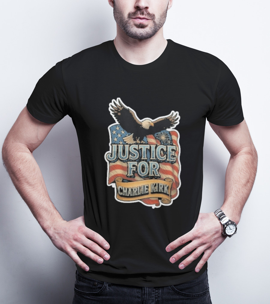 Justice For Charlie Kirk Bald Eagle American Flag Banner T-Shirt