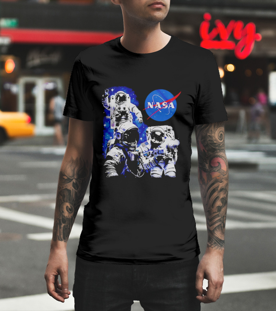 NASA Space Exploration Three Astronauts Floating In Deep Space T-Shirt