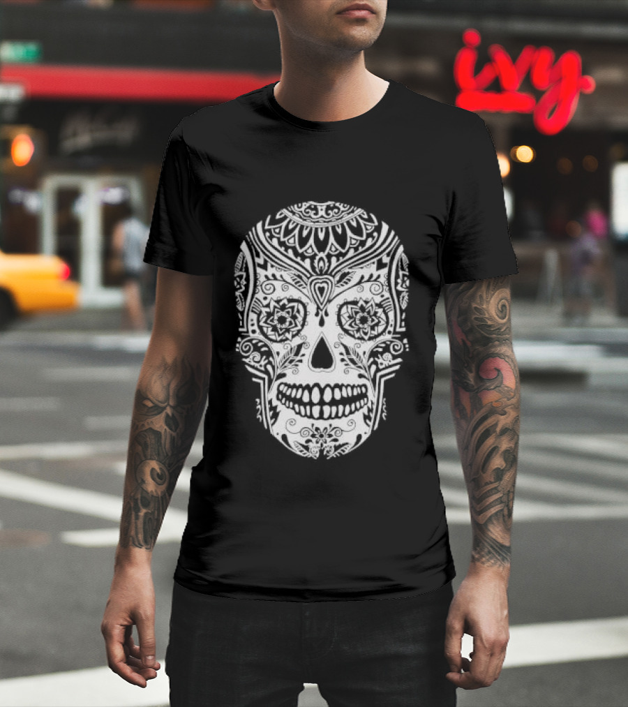 Sugar Skull Artistic Decorative Detailed Black White Intricate Motif T-Shirt