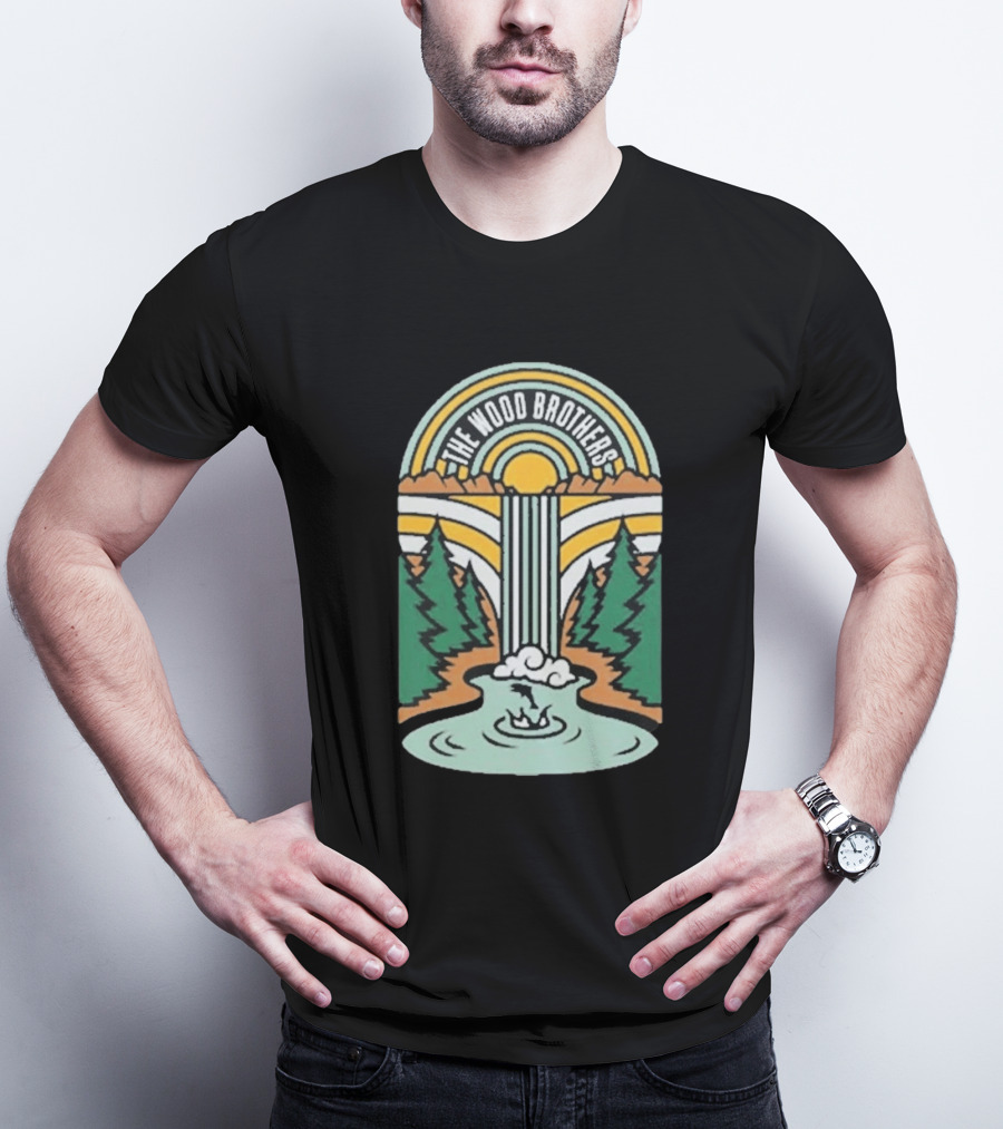 The Wood Brothers Waterfall Nature Scene With Sunburst And River Rapids T-Shirt