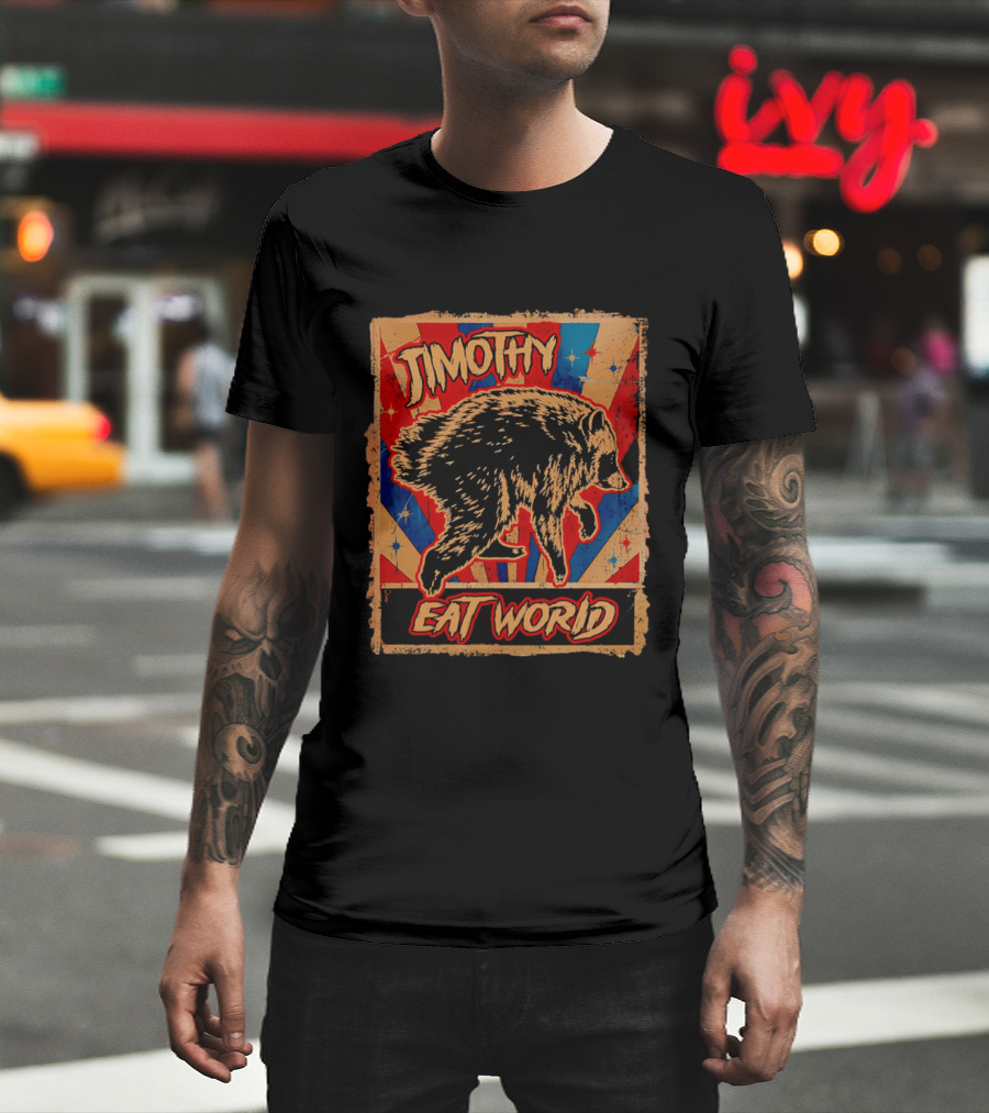 Timothy Raccoon Eat World Retro Starburst T-Shirt