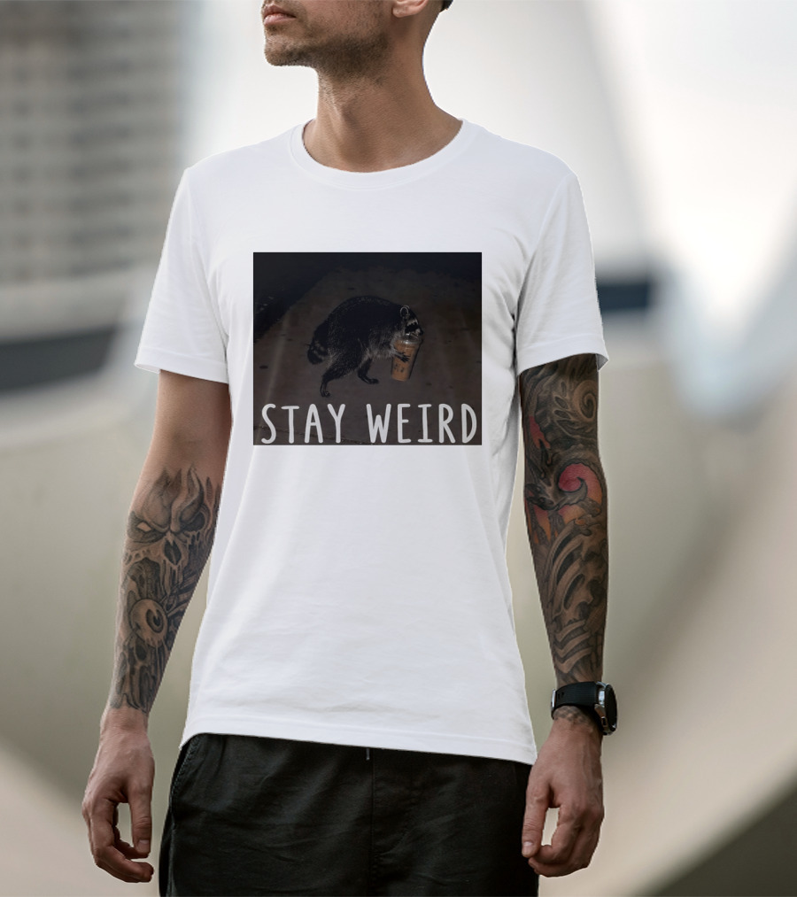 Jimothy Raccoon Drinking Iced Coffee Stay Weird Animal Lover Meme T-Shirt