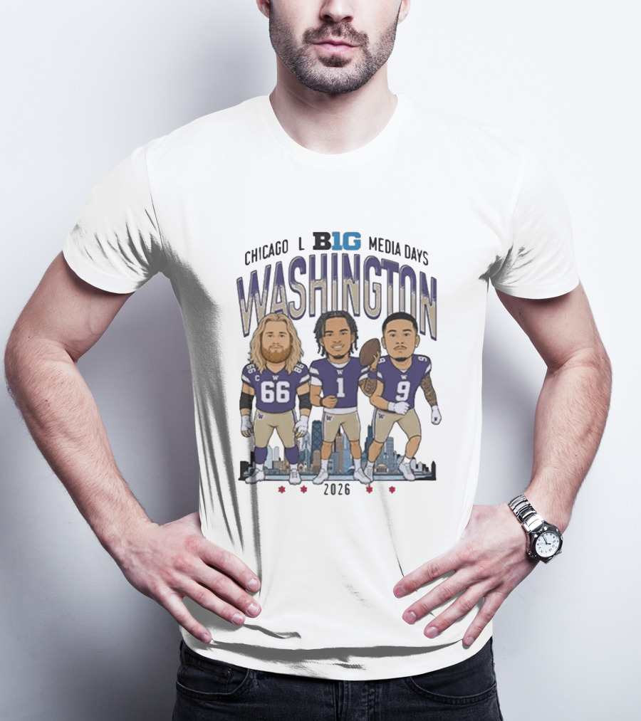 Washington Huskies Chicago Big Ten Media Days 2026 Caricature Players T-Shirt