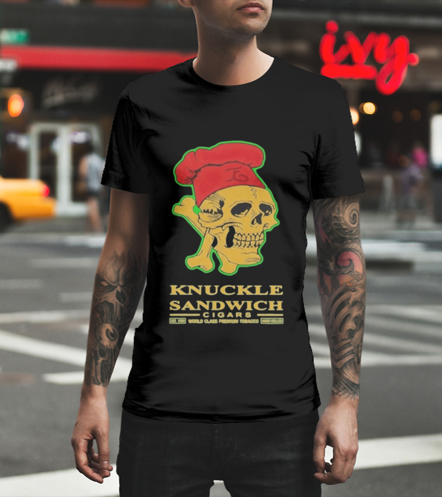 Knuckle Sandwich Cigars World Class Tobacco Skull With Red Chef Hat And Crossbones T-Shirt