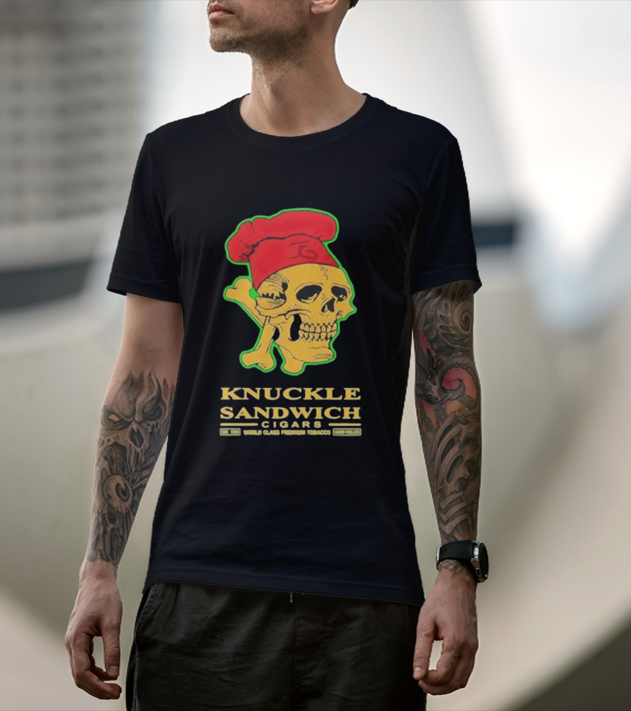 Knuckle Sandwich Cigars World Class Tobacco Skull With Red Chef Hat And Crossbones T-Shirt