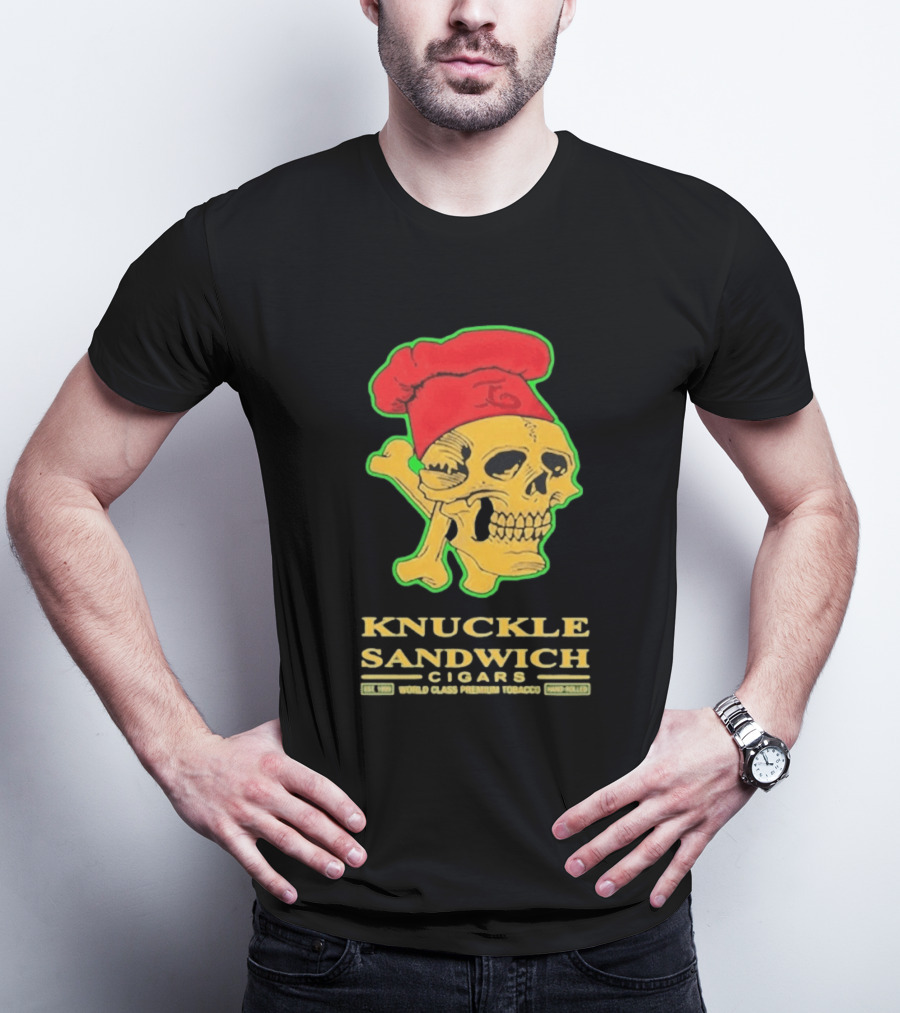 Knuckle Sandwich Cigars World Class Tobacco Skull With Red Chef Hat And Crossbones T-Shirt