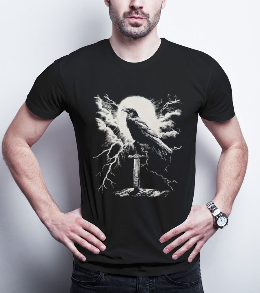 Raven On Sword With Lightning And Moon T-Shirt