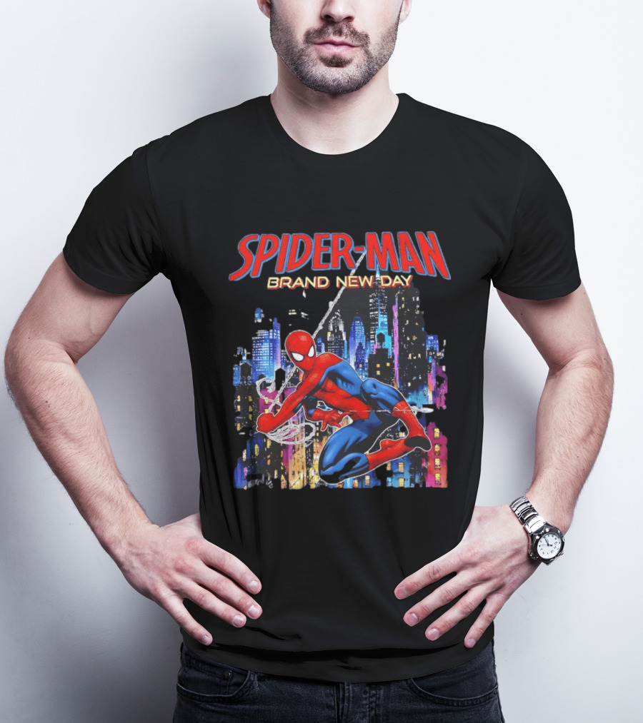 Spider Man Brand New Day Web Superhero Swinging City Night Marvel Studios T-Shirt