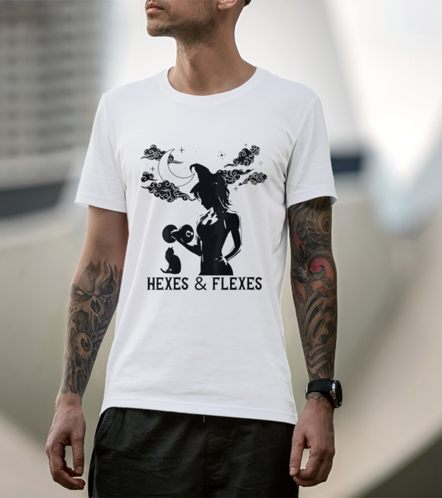 Spooky Fitness Witch Lifting Dumbbell With Cat Hexes & Flexes Moon Clouds T-Shirt