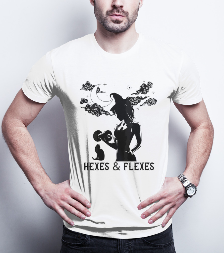 Spooky Fitness Witch Lifting Dumbbell With Cat Hexes & Flexes Moon Clouds T-Shirt