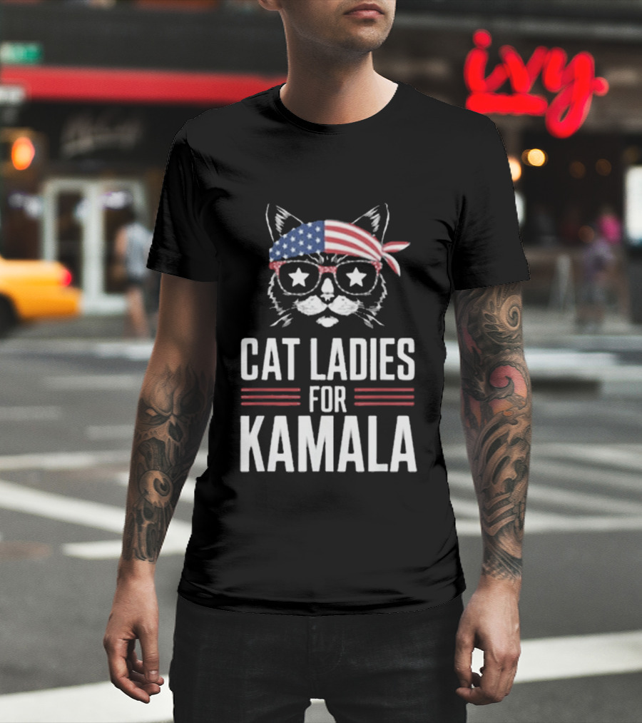 Cat Ladies For Kamala American Flag Cat 2024 President T-Shirt