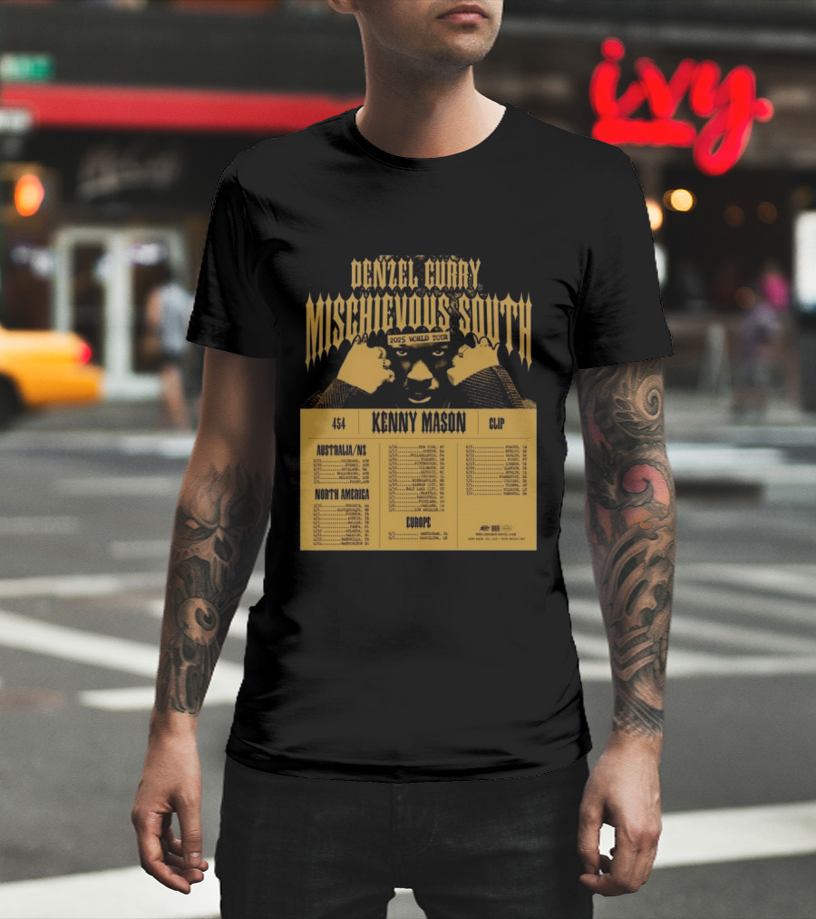 Denzel Curry Mischievous South 2025 World Tour Kenny Mason Clip 454 Australia North America Europe Dates T-Shirt