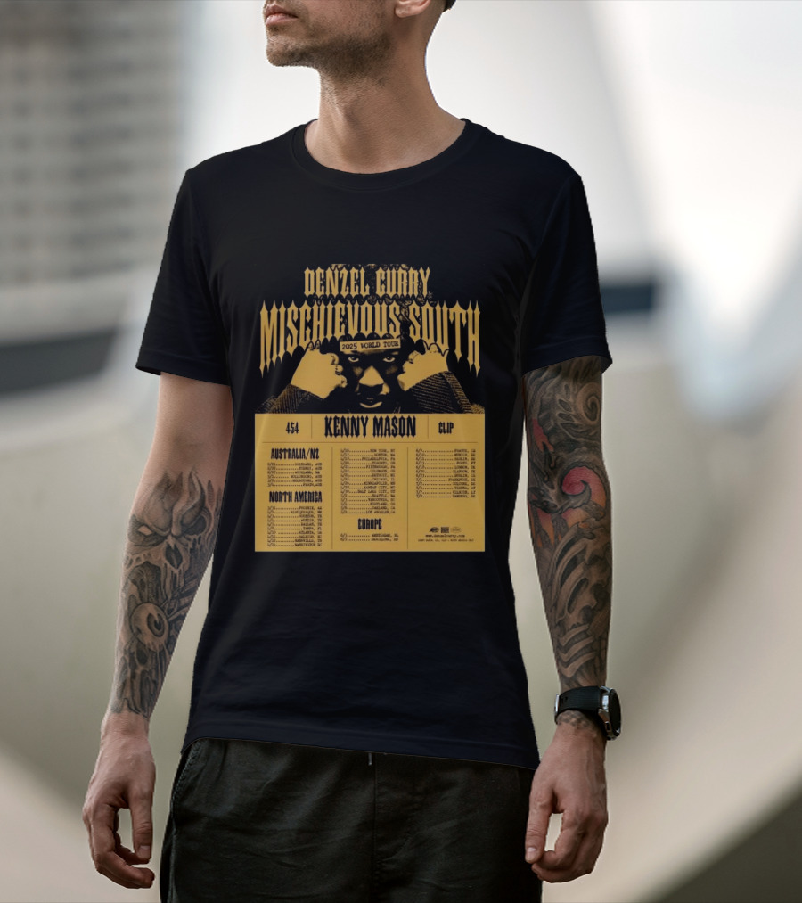 Denzel Curry Mischievous South 2025 World Tour Kenny Mason Clip 454 Australia North America Europe Dates T-Shirt