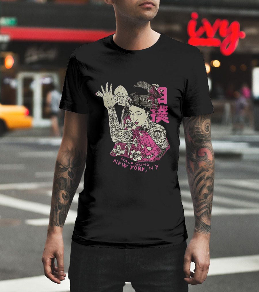 Tattooed Geisha With Katana And Flowers Japanese Samurai Half Sumo New York NY T-Shirt