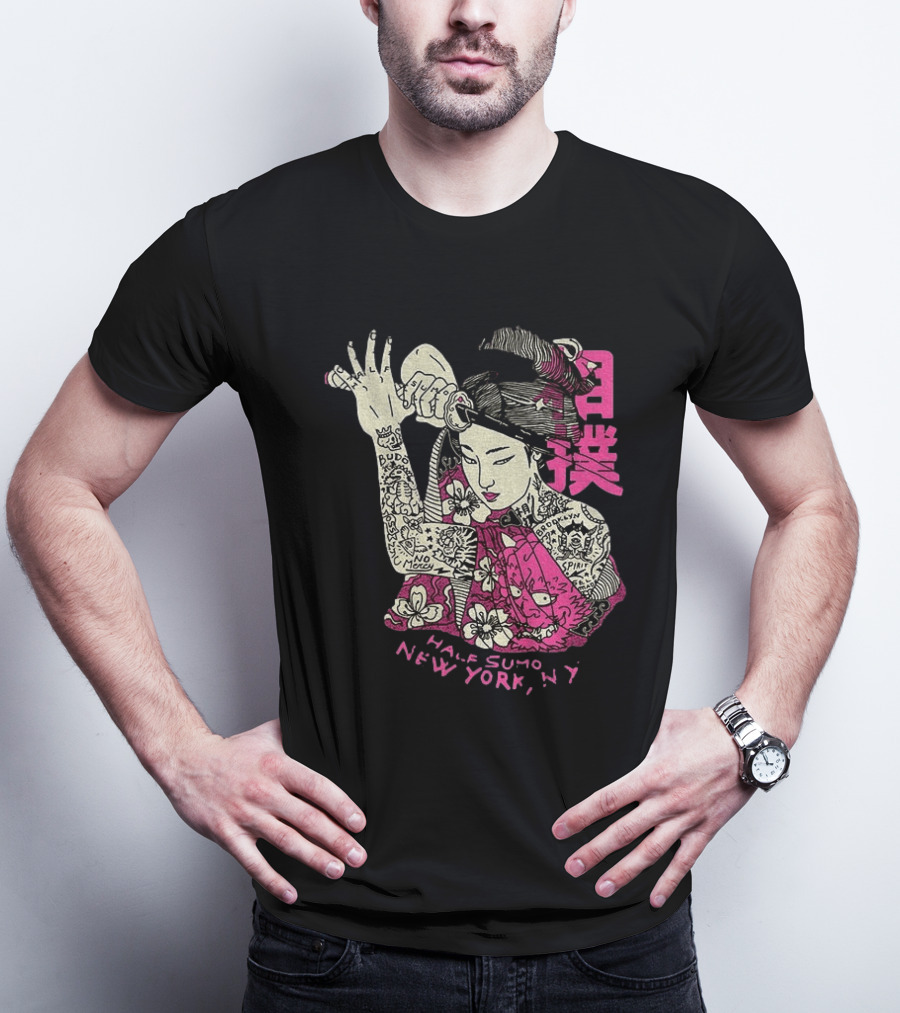 Tattooed Geisha With Katana And Flowers Japanese Samurai Half Sumo New York NY T-Shirt