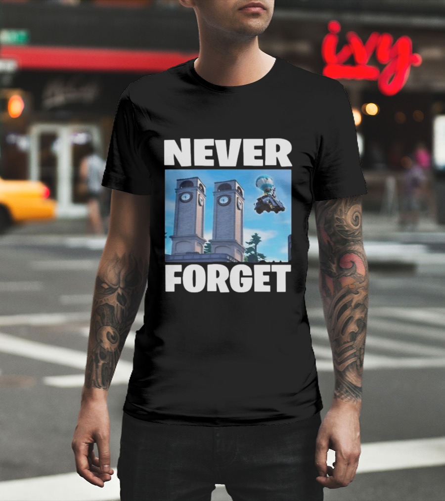 NEVER FORGET Twin Tilted Towers Fortnite Battle Bus T-Shirt