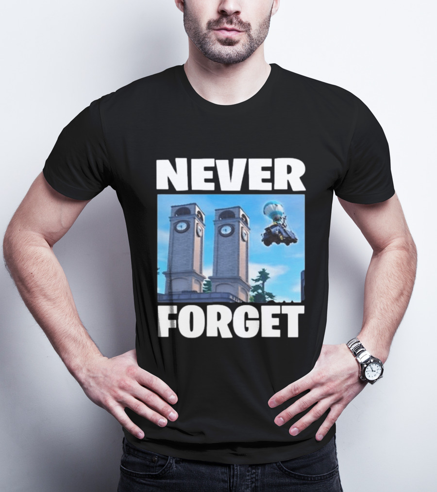 NEVER FORGET Twin Tilted Towers Fortnite Battle Bus T-Shirt