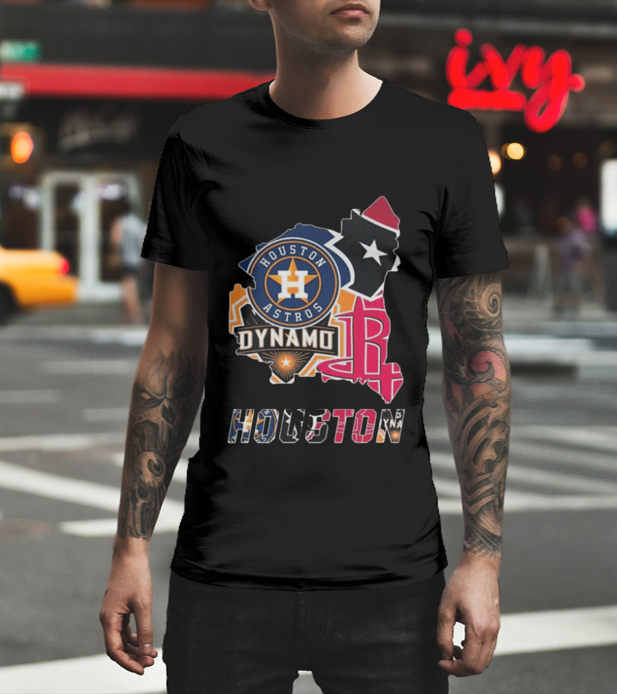 Houston Astros Texans Dynamo Rockets Map Logo Collage T-Shirt