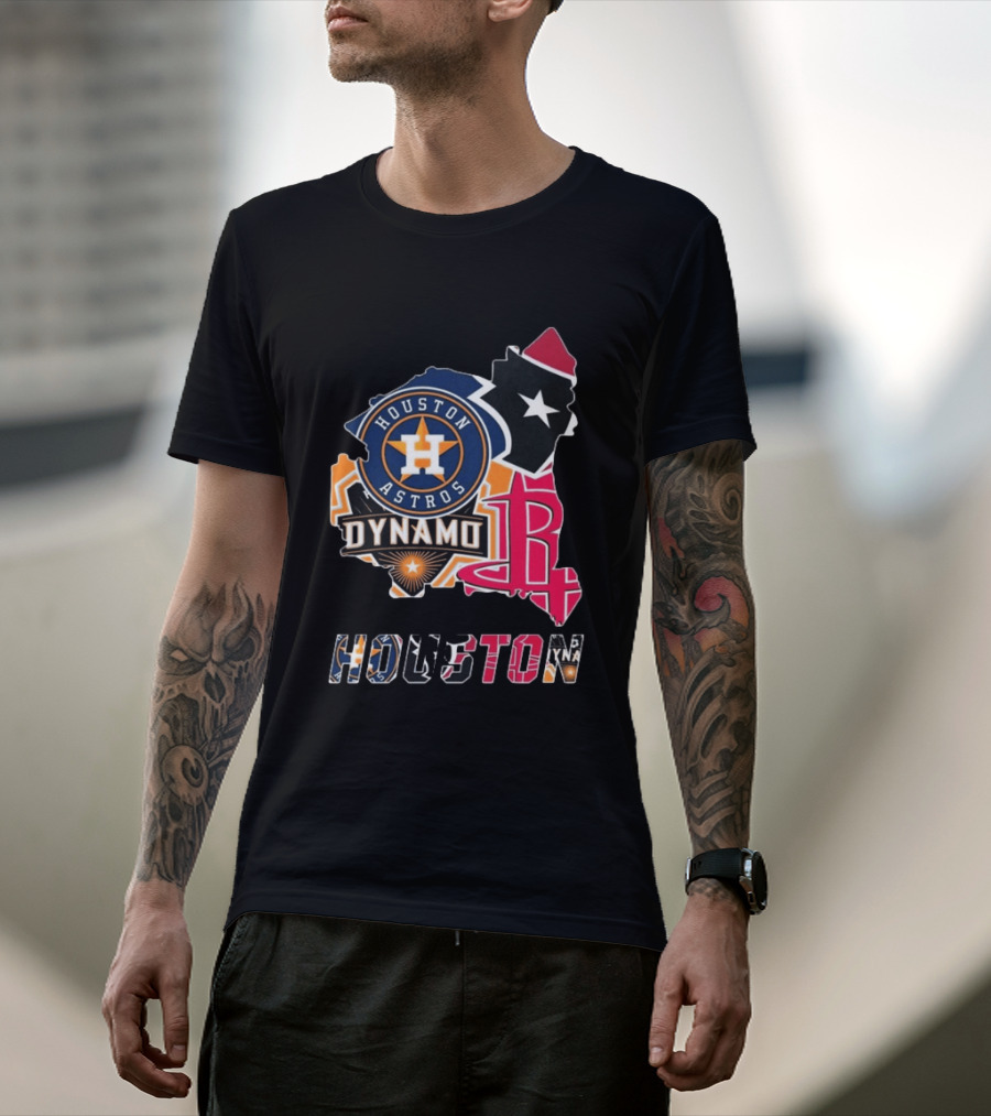 Houston Astros Texans Dynamo Rockets Map Logo Collage T-Shirt