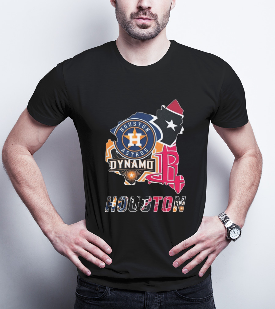 Houston Astros Texans Dynamo Rockets Map Logo Collage T-Shirt