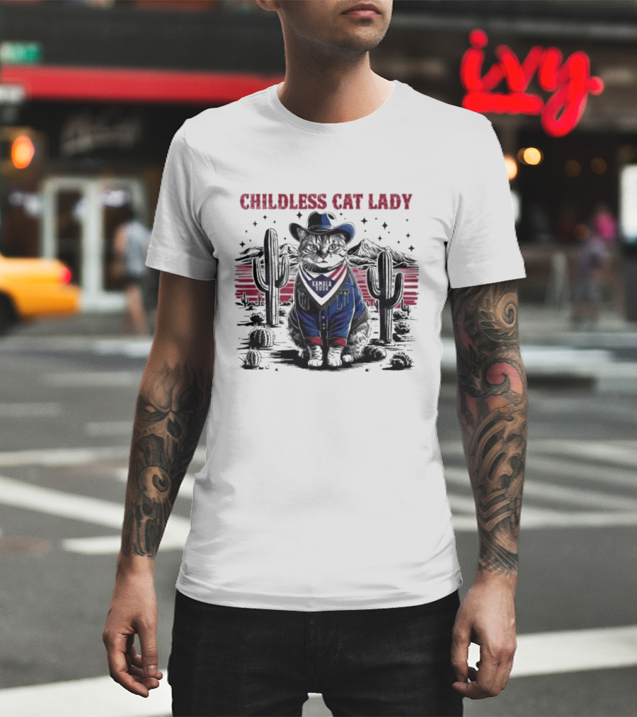 Kamala 2024 Childless Cat Lady Cowboy Desert Cactus Scene T-Shirt