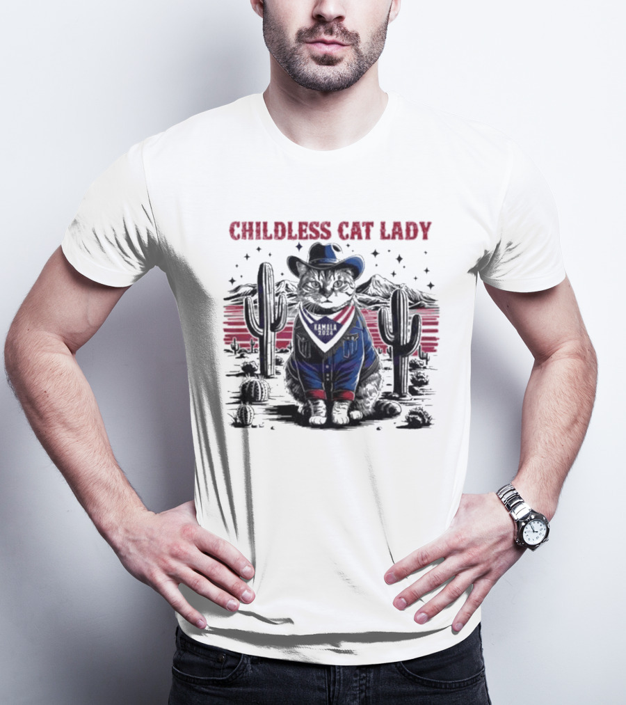 Kamala 2024 Childless Cat Lady Cowboy Desert Cactus Scene T-Shirt