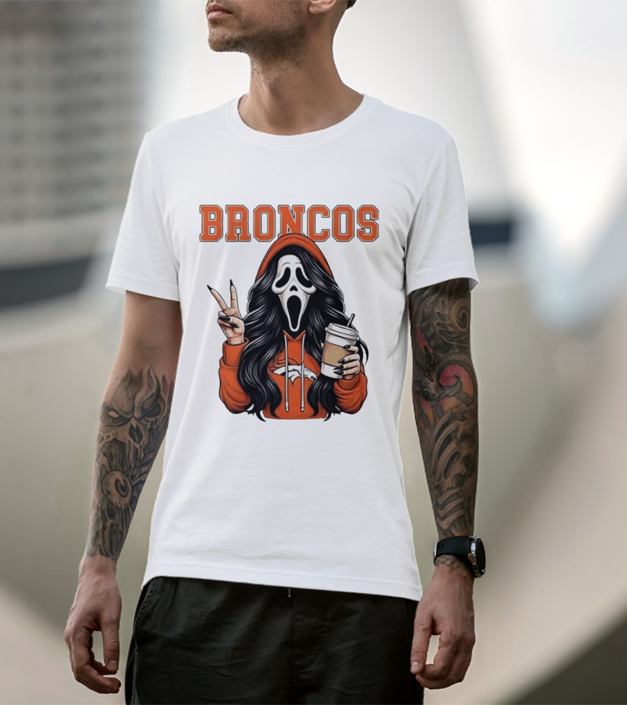 Broncos Ghostface Scream Halloween Coffee Peace Sign T-Shirt