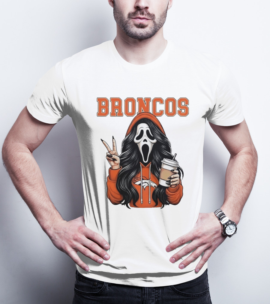 Broncos Ghostface Scream Halloween Coffee Peace Sign T-Shirt