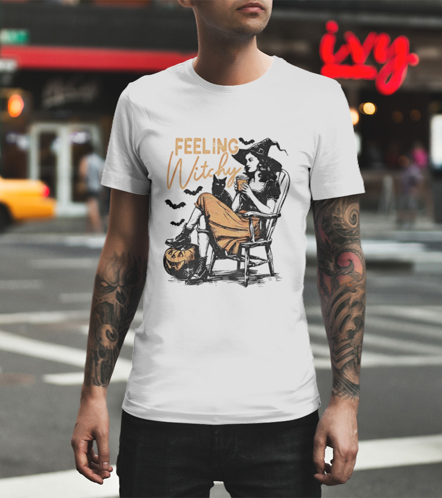 Feeling Witchy Witch With Pumpkin And Bats Halloween Vibes T-Shirt