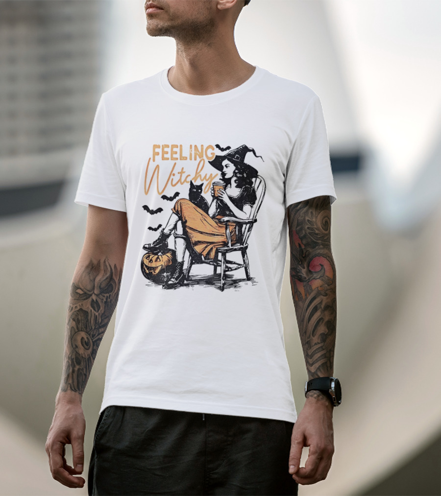 Feeling Witchy Witch With Pumpkin And Bats Halloween Vibes T-Shirt