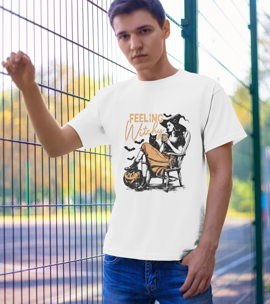 Feeling Witchy Witch With Pumpkin And Bats Halloween Vibes T-Shirt