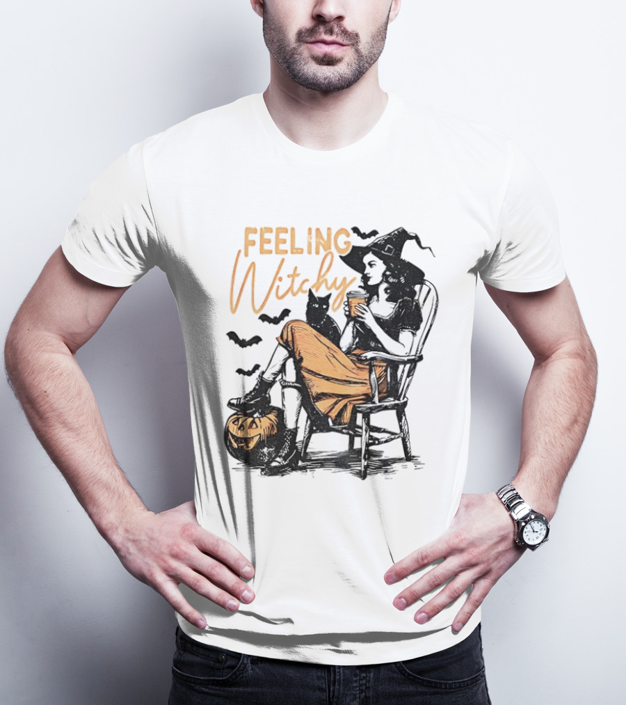 Feeling Witchy Witch With Pumpkin And Bats Halloween Vibes T-Shirt