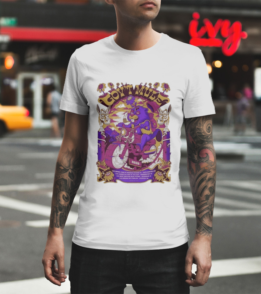 Gov't Mule Summer Tour 2026 Psychedelic Bear Riding Motorcycle Concert Dates And Locations T-Shirt