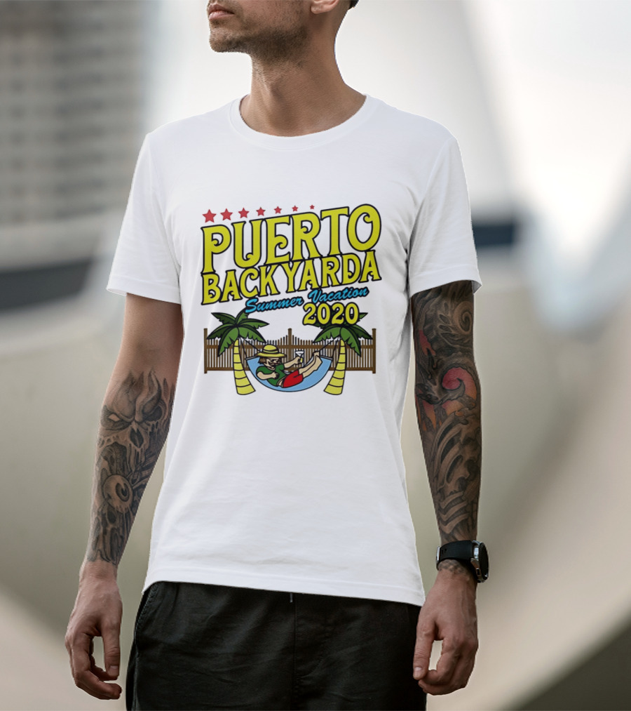 Puerto Backyarda Summer Vacation 2020 Relaxing Hammock Palm Trees Retro Cartoon T-Shirt