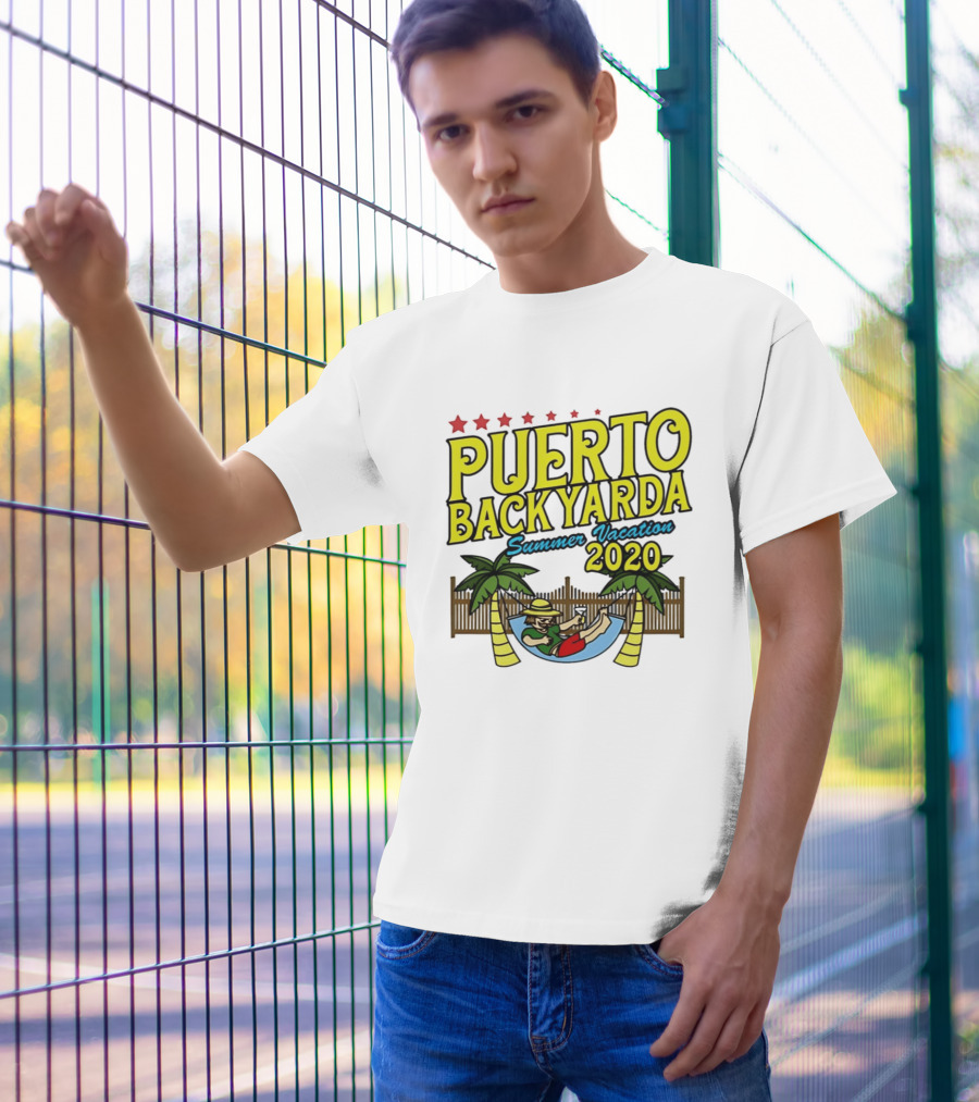 Puerto Backyarda Summer Vacation 2020 Relaxing Hammock Palm Trees Retro Cartoon T-Shirt