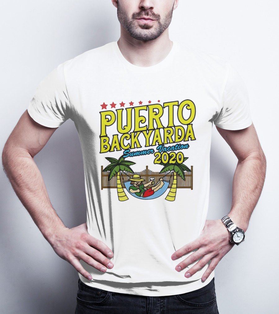 Puerto Backyarda Summer Vacation 2020 Relaxing Hammock Palm Trees Retro Cartoon T-Shirt