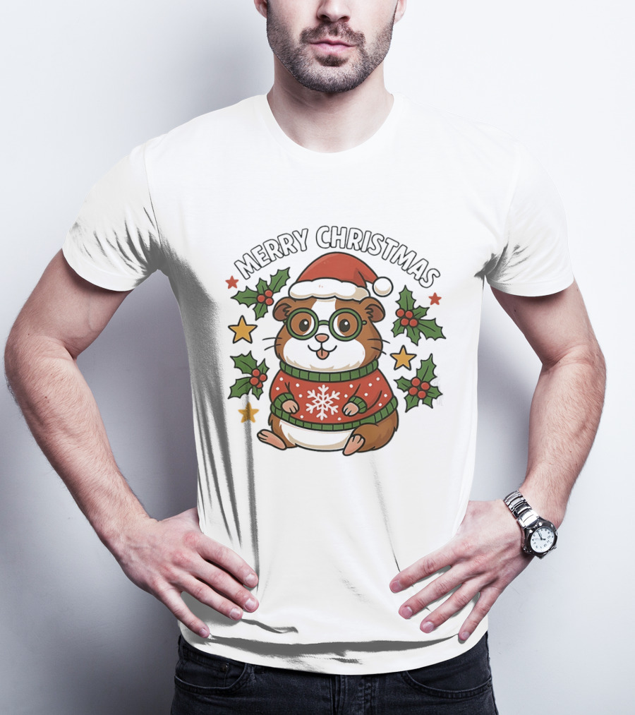 Merry Christmas Santa Guinea Pig In Holiday Sweater With Holly And Stars T-Shirt