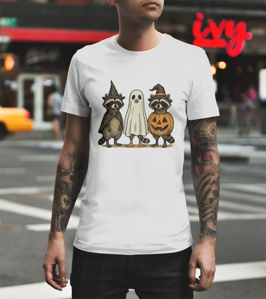 Spooky Boo Ghost Raccoon Pumpkin Raccoon Witch Hat Happy Halloween 2025 T-Shirt