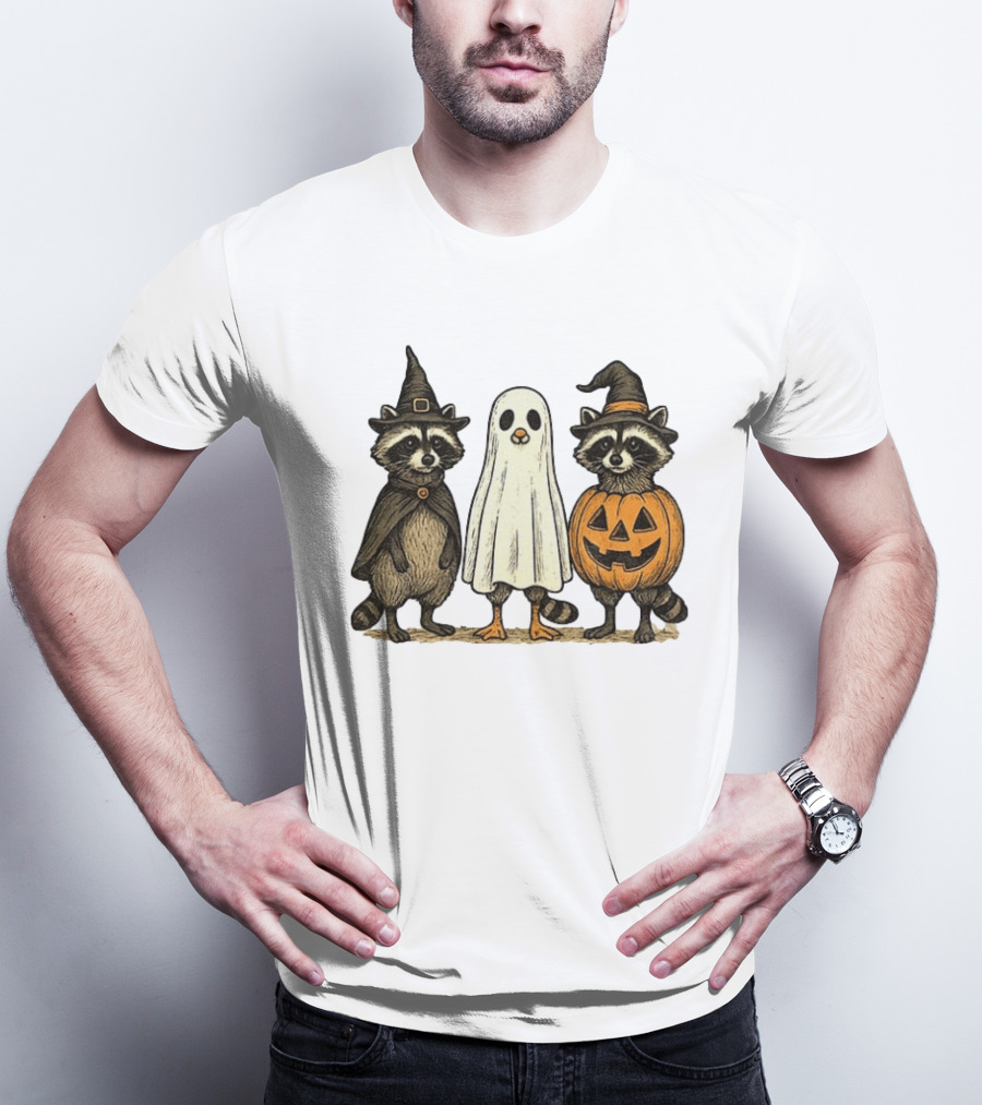 Spooky Boo Ghost Raccoon Pumpkin Raccoon Witch Hat Happy Halloween 2025 T-Shirt