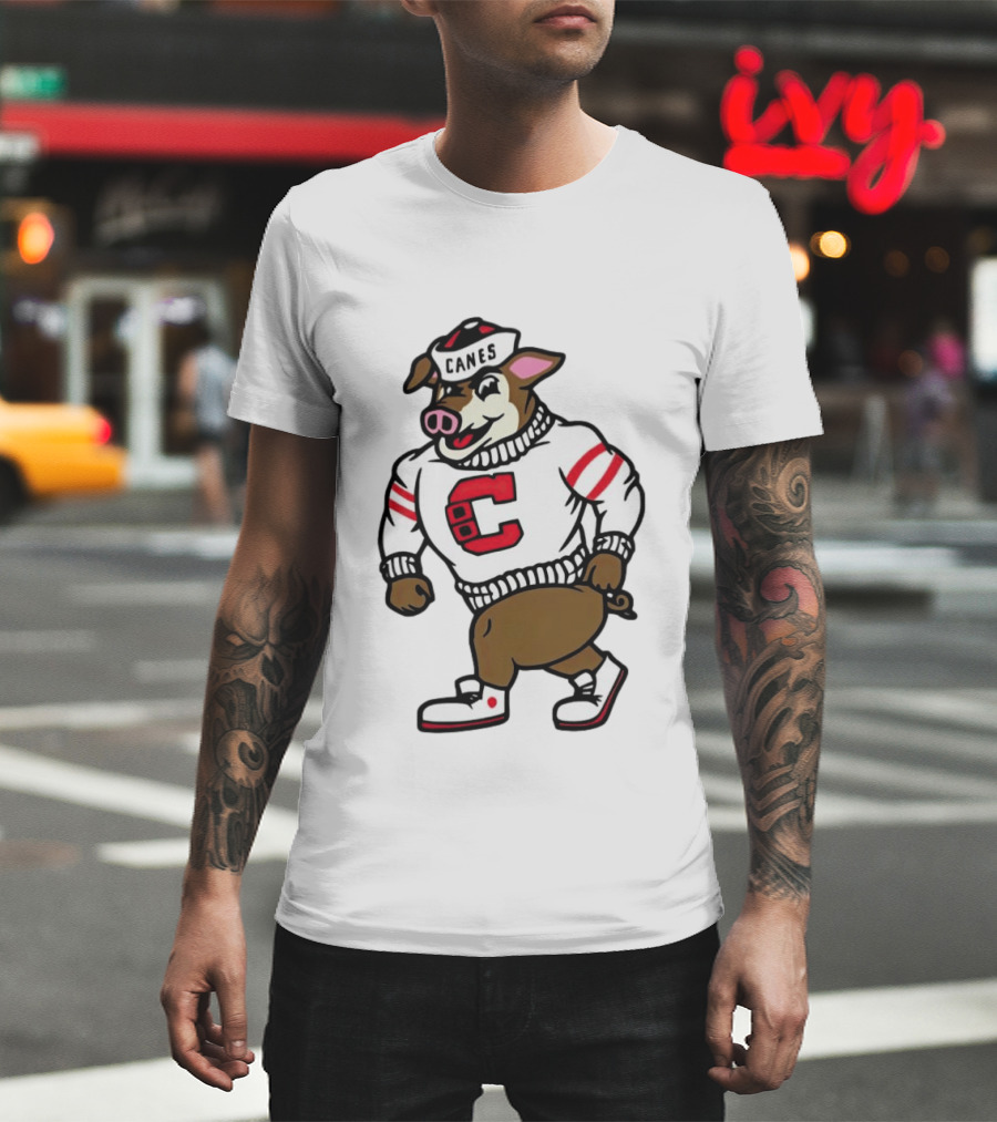 Canes Mascot Pig In Red And White Sweater With Stripes T-Shirt
