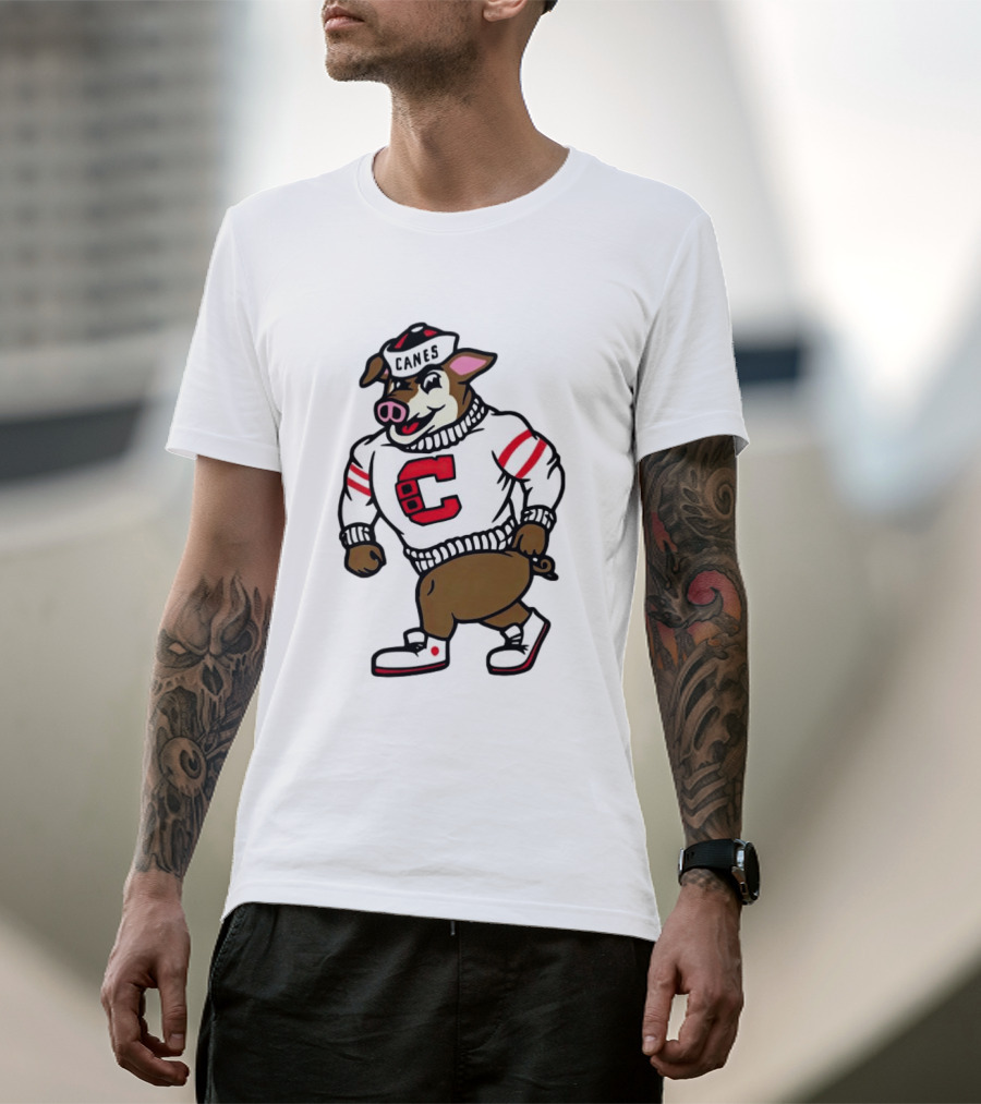 Canes Mascot Pig In Red And White Sweater With Stripes T-Shirt